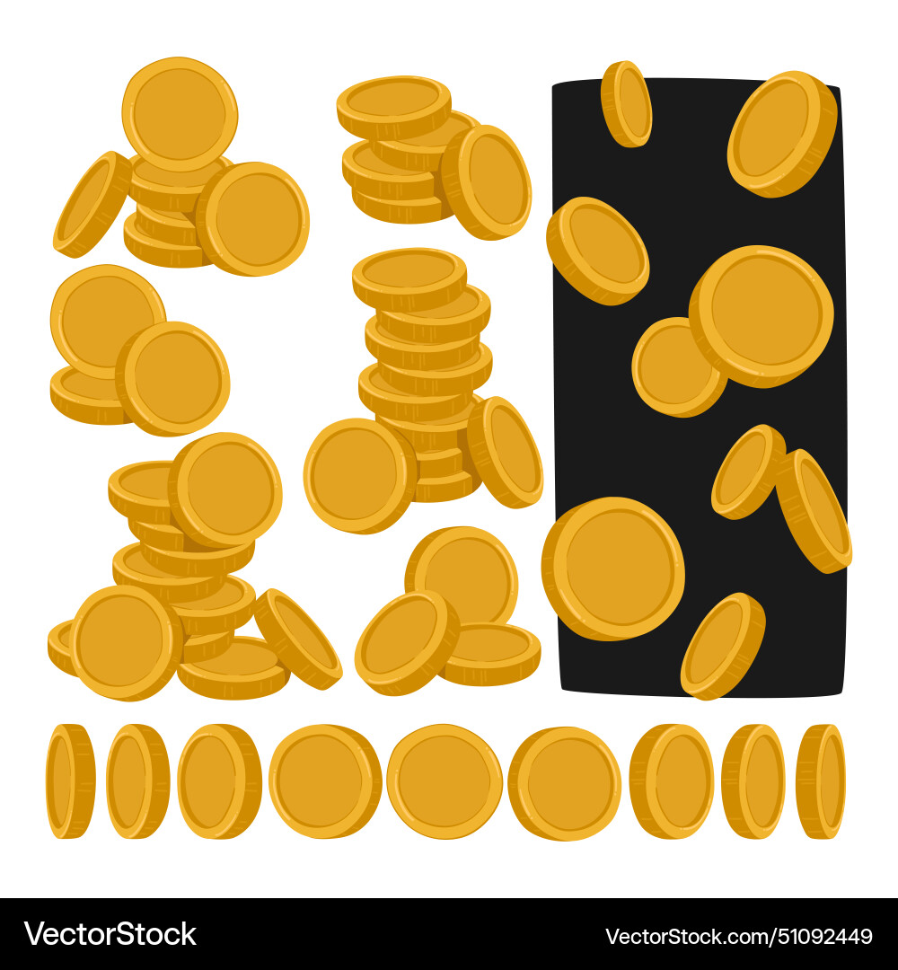 Golden coins piles falling or spinning animation Vector Image