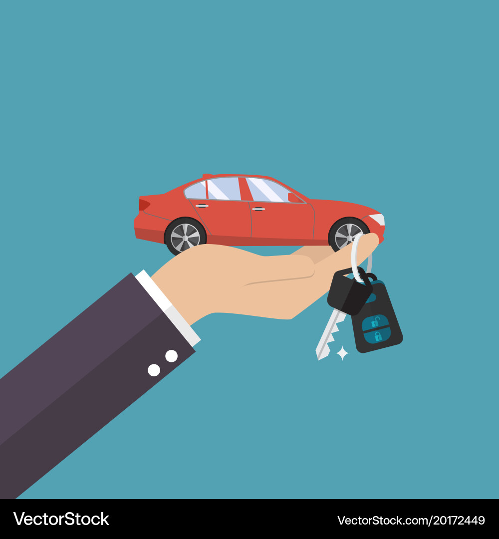Hand holding car in palm and key on finger Vector Image