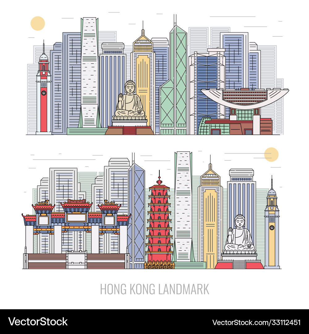 Hong kong skyline background with landmarks sketch
