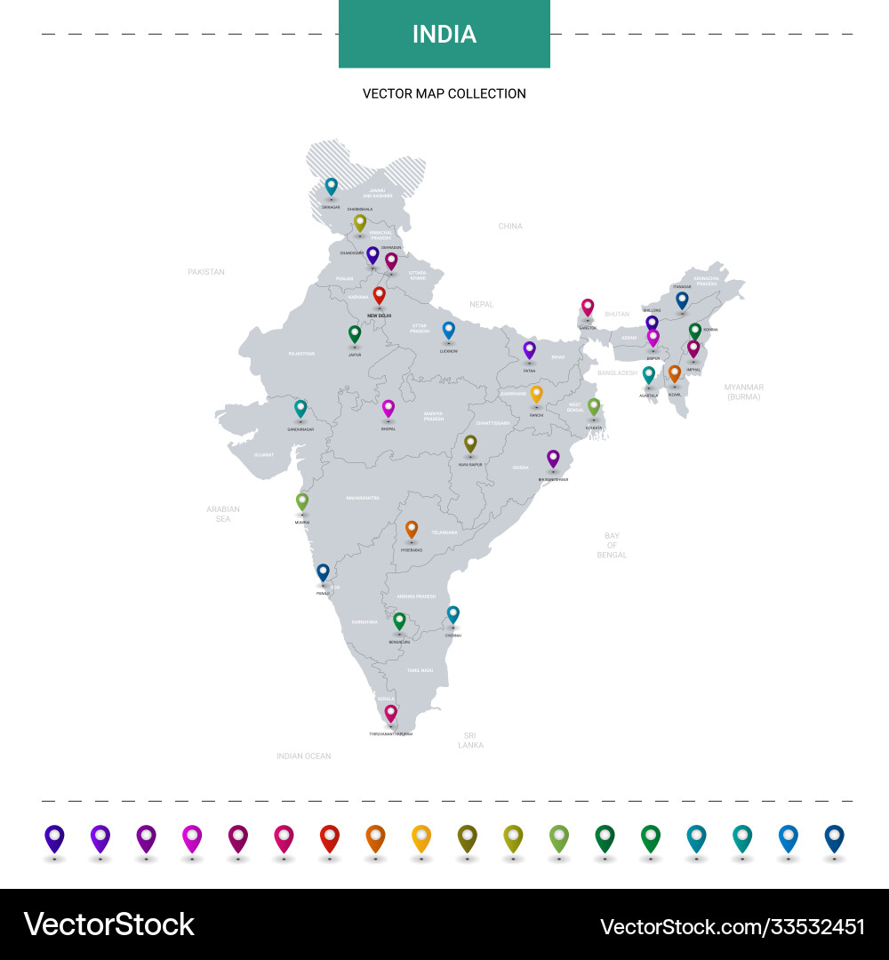 India map with location pointer marks infographic Vector Image