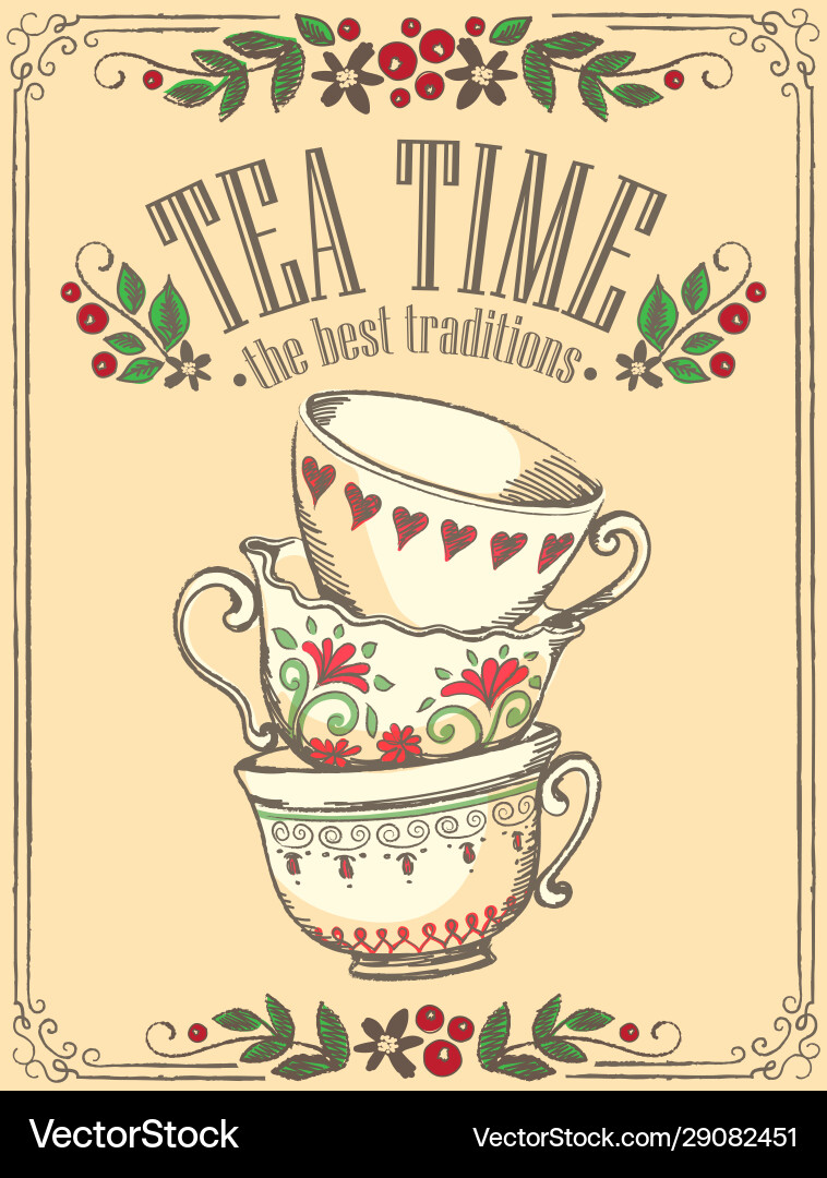 Tea time with cute cups freehand drawing sketch Vector Image