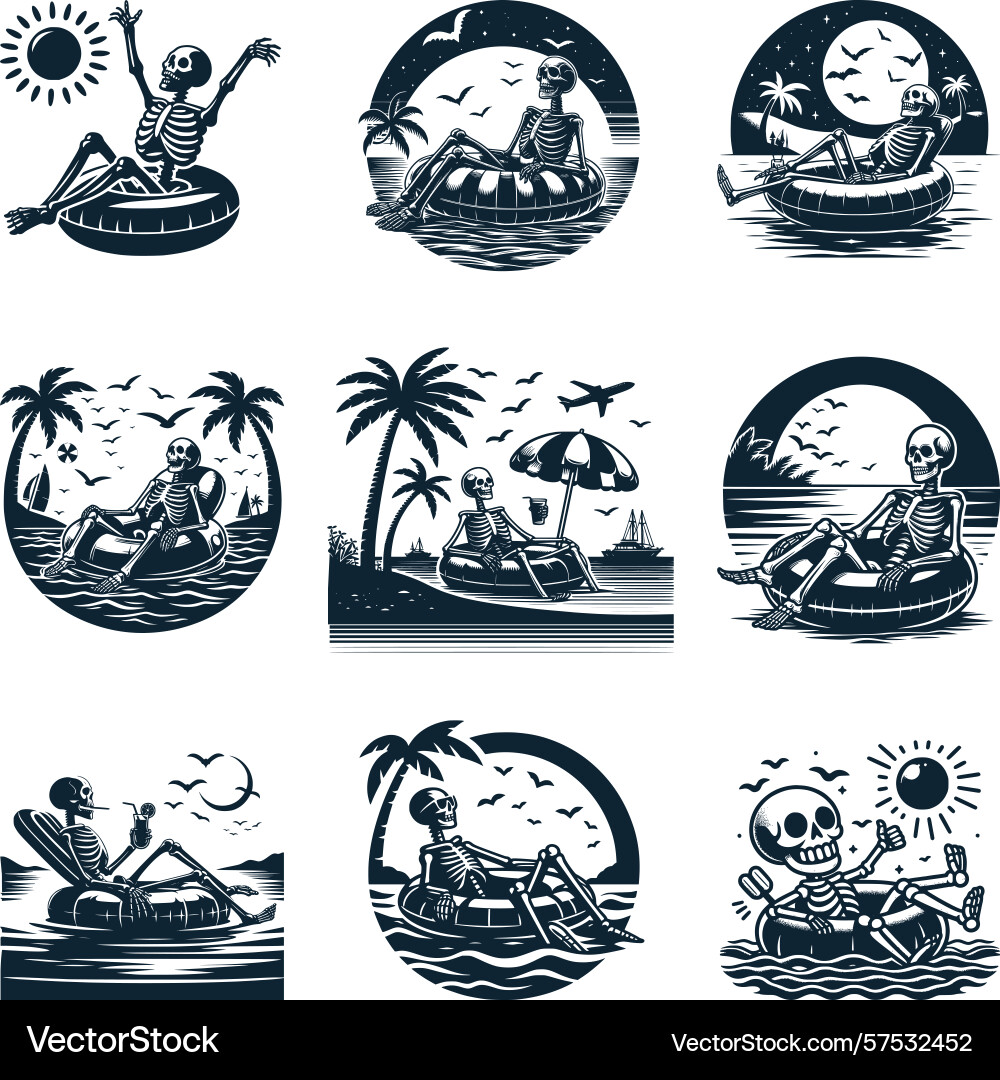 Skeleton in a pool floaty bundle beach scene Vector Image