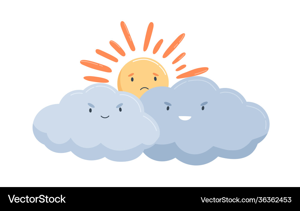 Sad sun hiding behind clouds with evil smiles Vector Image