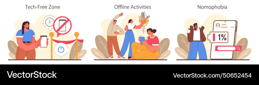Digital detox set characters practicing Royalty Free Vector