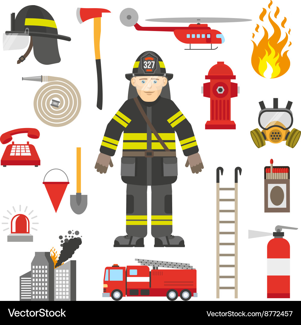 Fireman professional equipment flat icons Vector Image