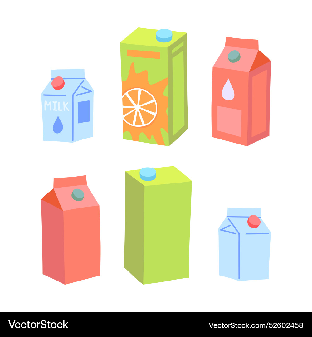 Cartoon color different juice or milk pack set Vector Image