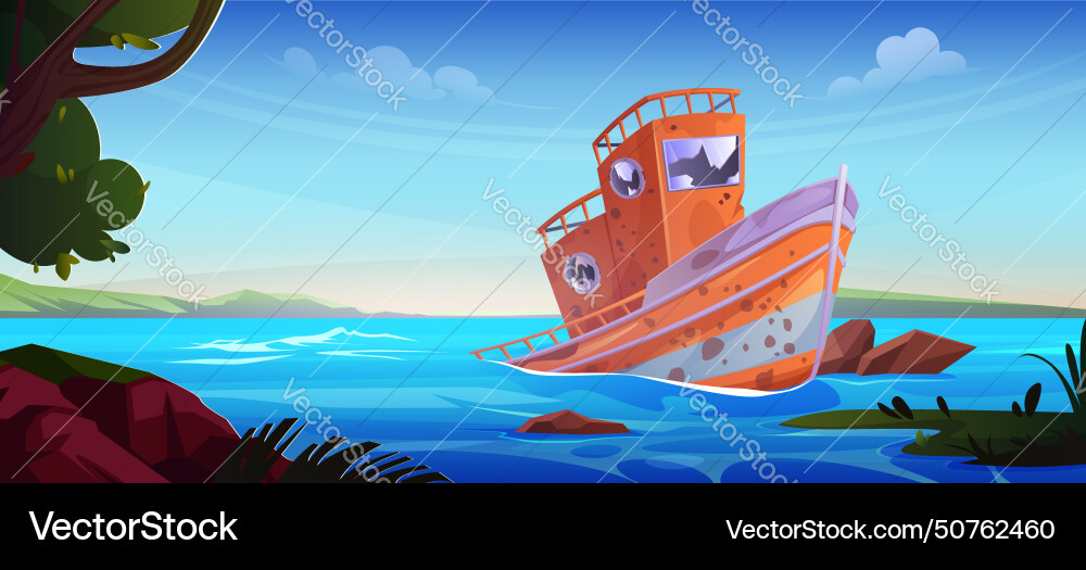 Broken abandoned fisher boat aground Royalty Free Vector