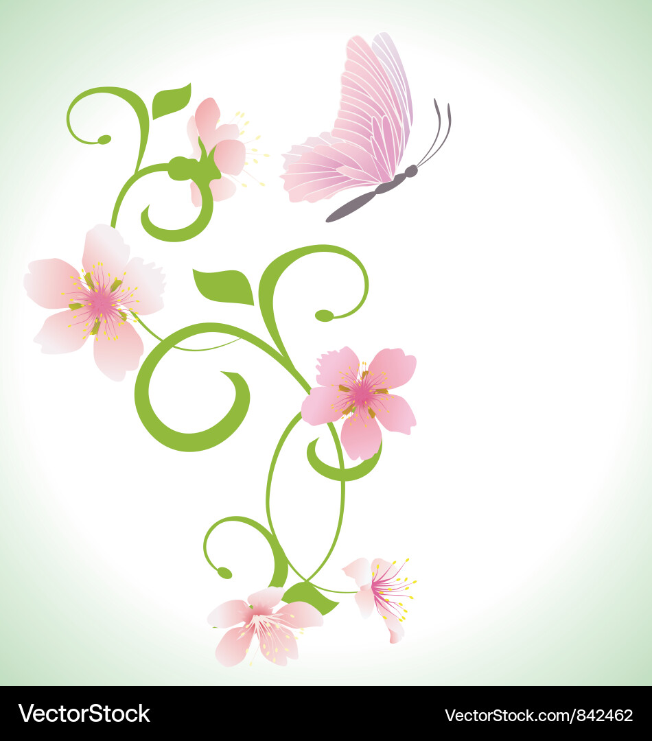 Pink butterfly with spring flowers Royalty Free Vector Image
