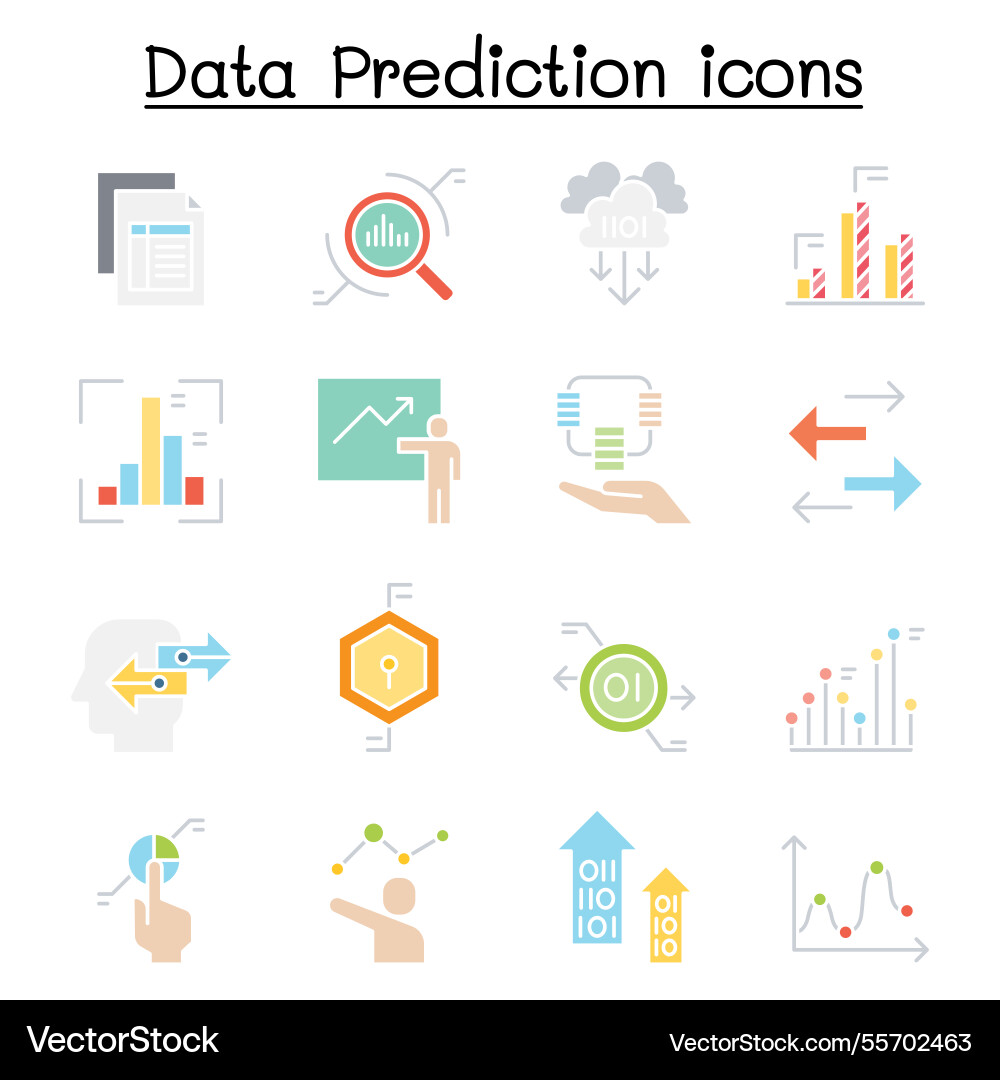 Data prediction icon set in flat color style Vector Image