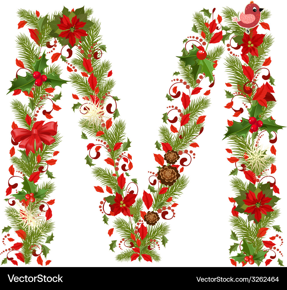 Christmas floral tree letter m Royalty Free Vector Image