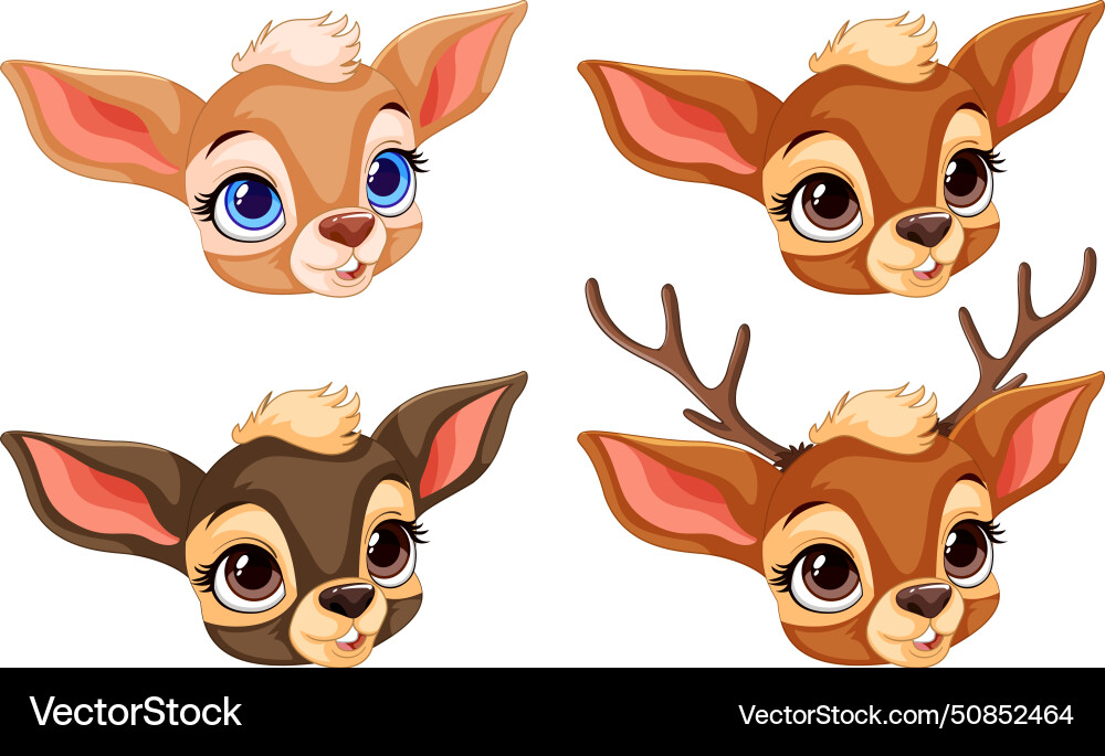 Four cute deer faces showing different emotions Vector Image