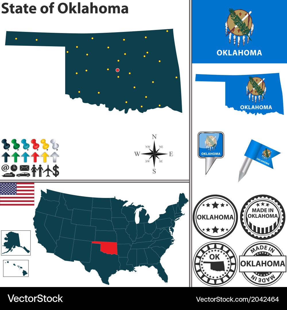 Oklahoma State Map with Flag Icons Royalty Free Vector Image