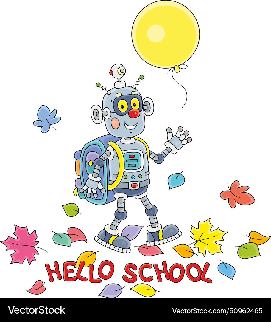 Greeting card with a funny robot going to school Vector Image