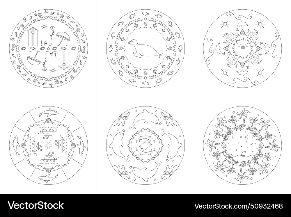 Mandalas sea theme coloring pages set no 2 Vector Image