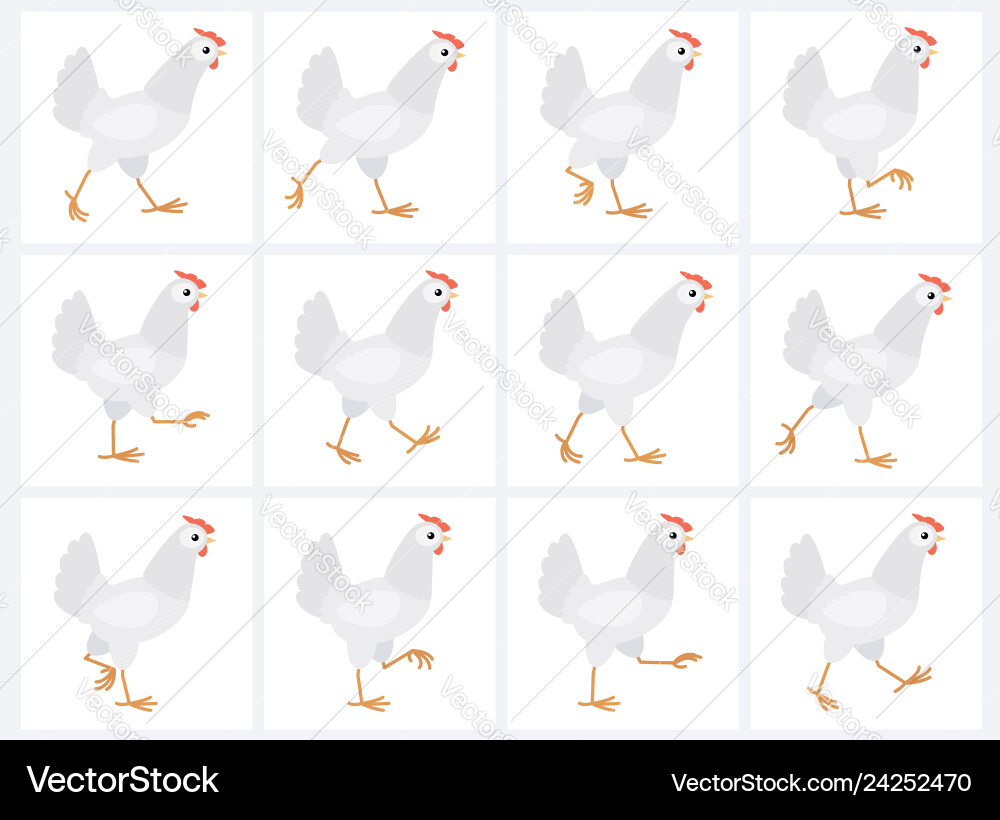 Walking white hen animation sprite sheet isolated Vector Image