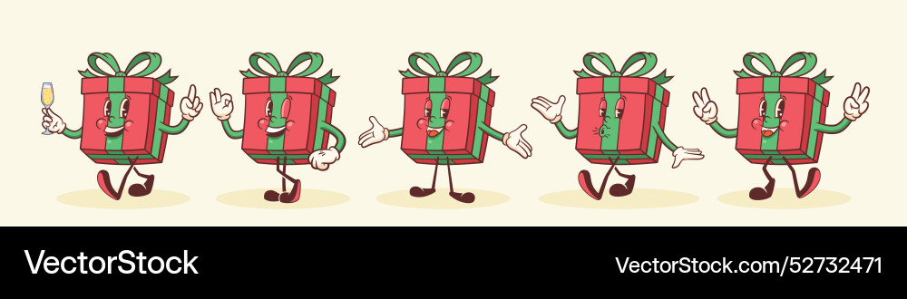 Christmas groovy gift box retro characters set Vector Image