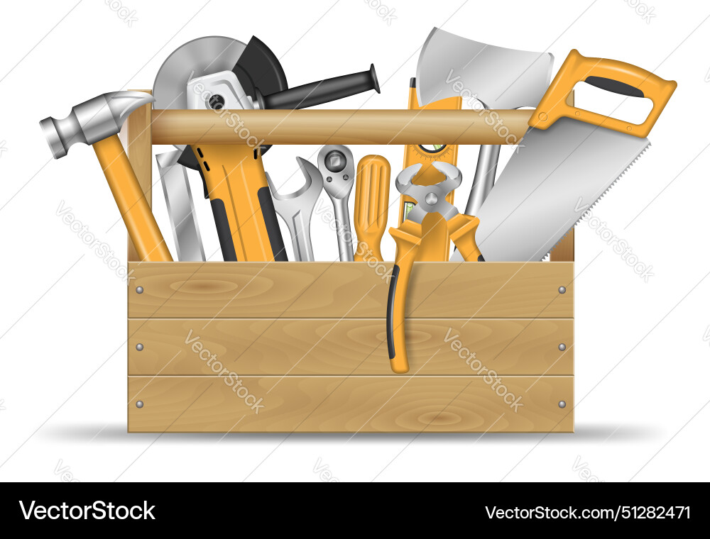 Construction box with hand tools repair kit Vector Image