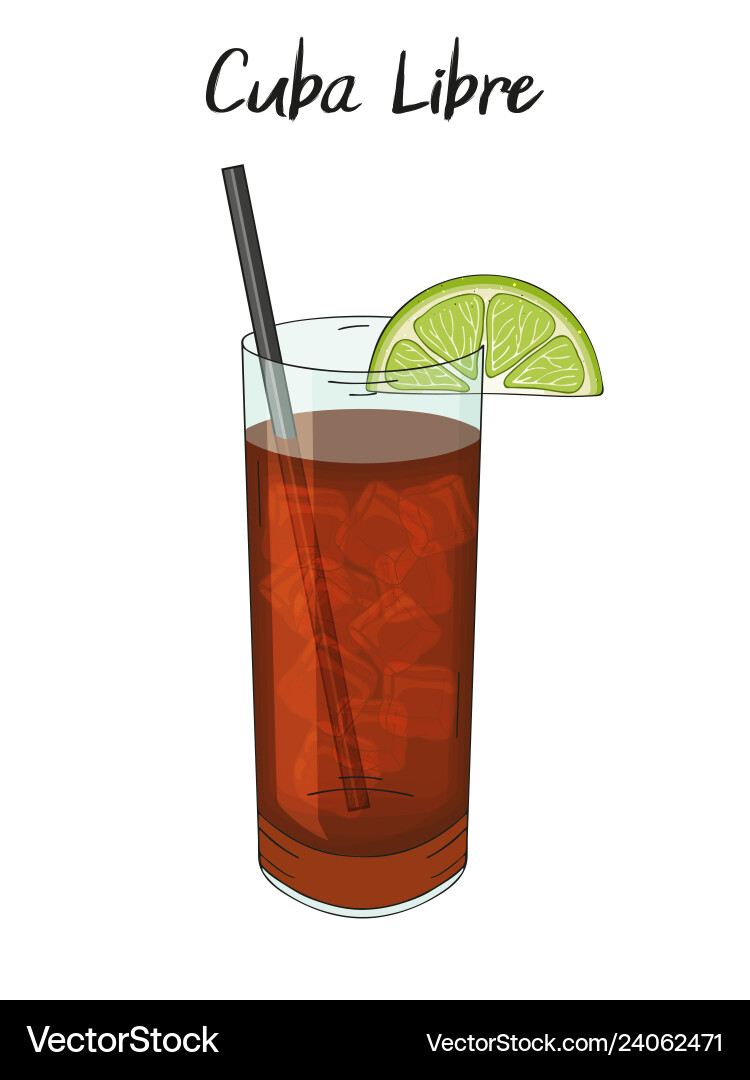 Cuba libre cocktail with lime decorations straw Vector Image