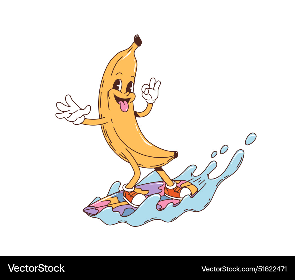 Retro groovy banana on surfboard riding a wave Vector Image