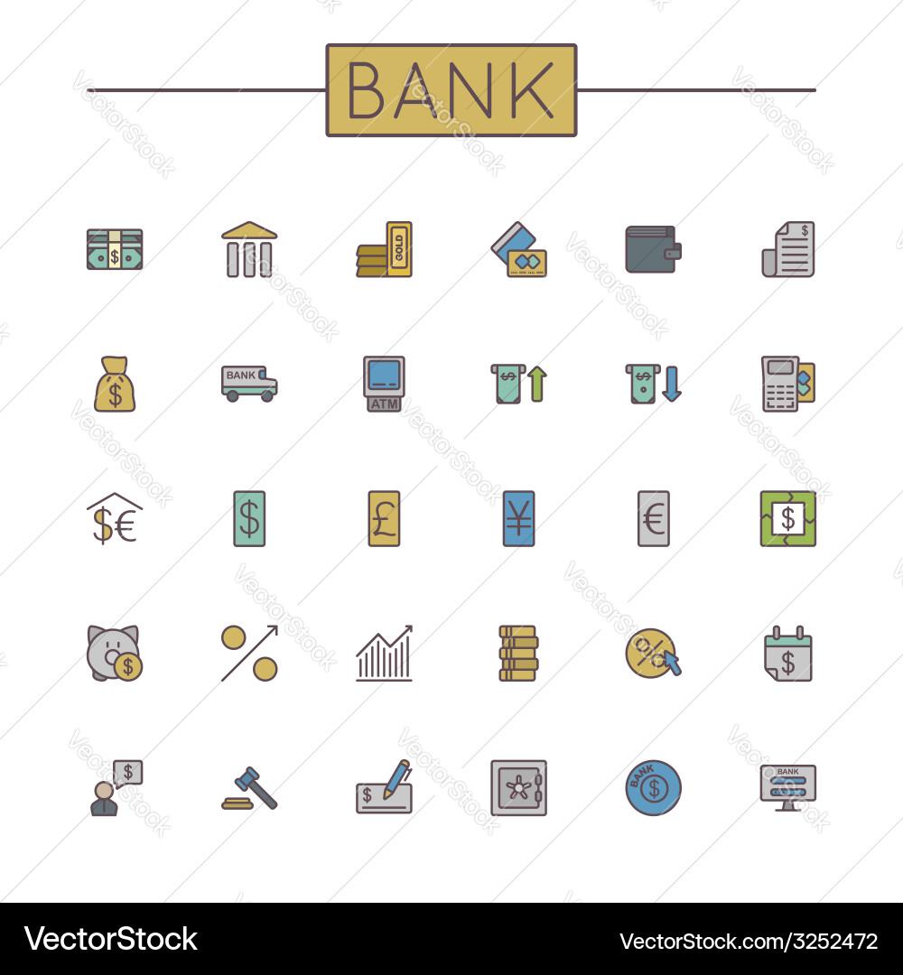 Colored bank line icons Royalty Free Vector Image