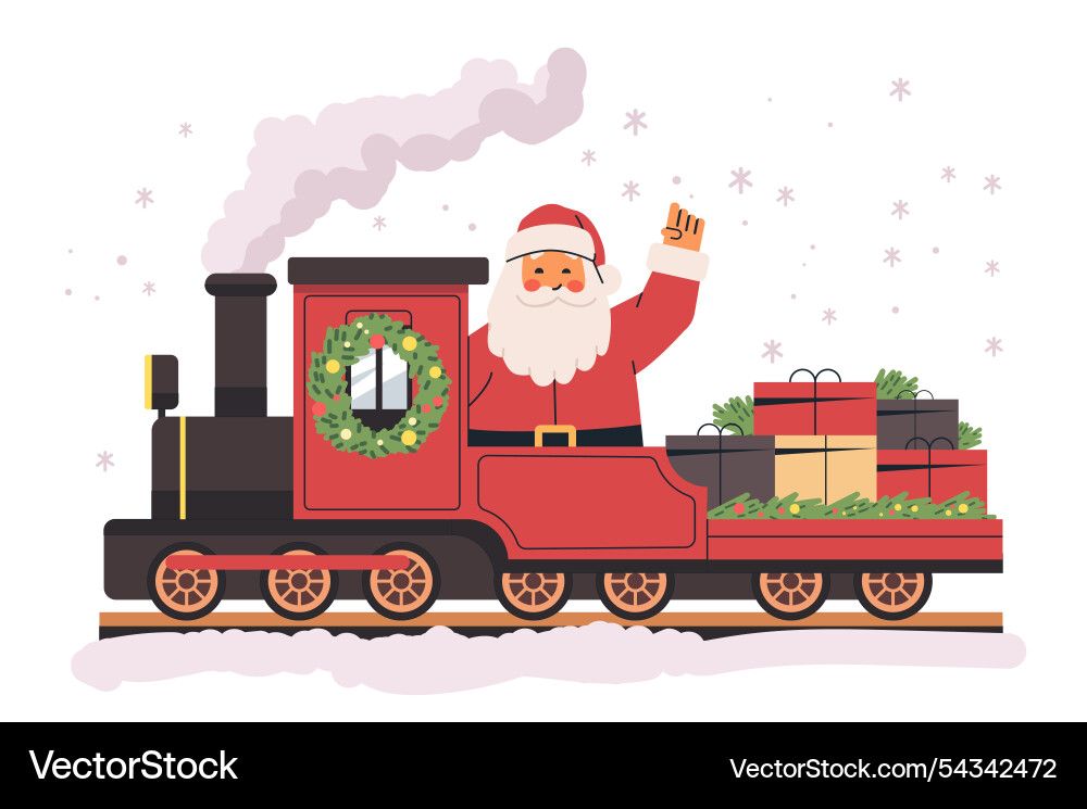 Santa on a festive train waving surrounded Vector Image