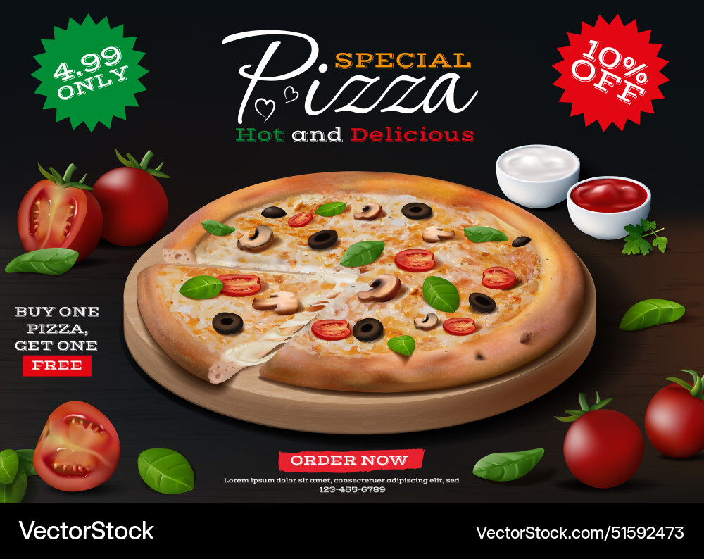 Pizza menu pepperoni delivery ad with ingredients Vector Image