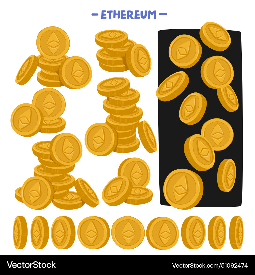 Ethereum currency coins known as ether or eth Vector Image