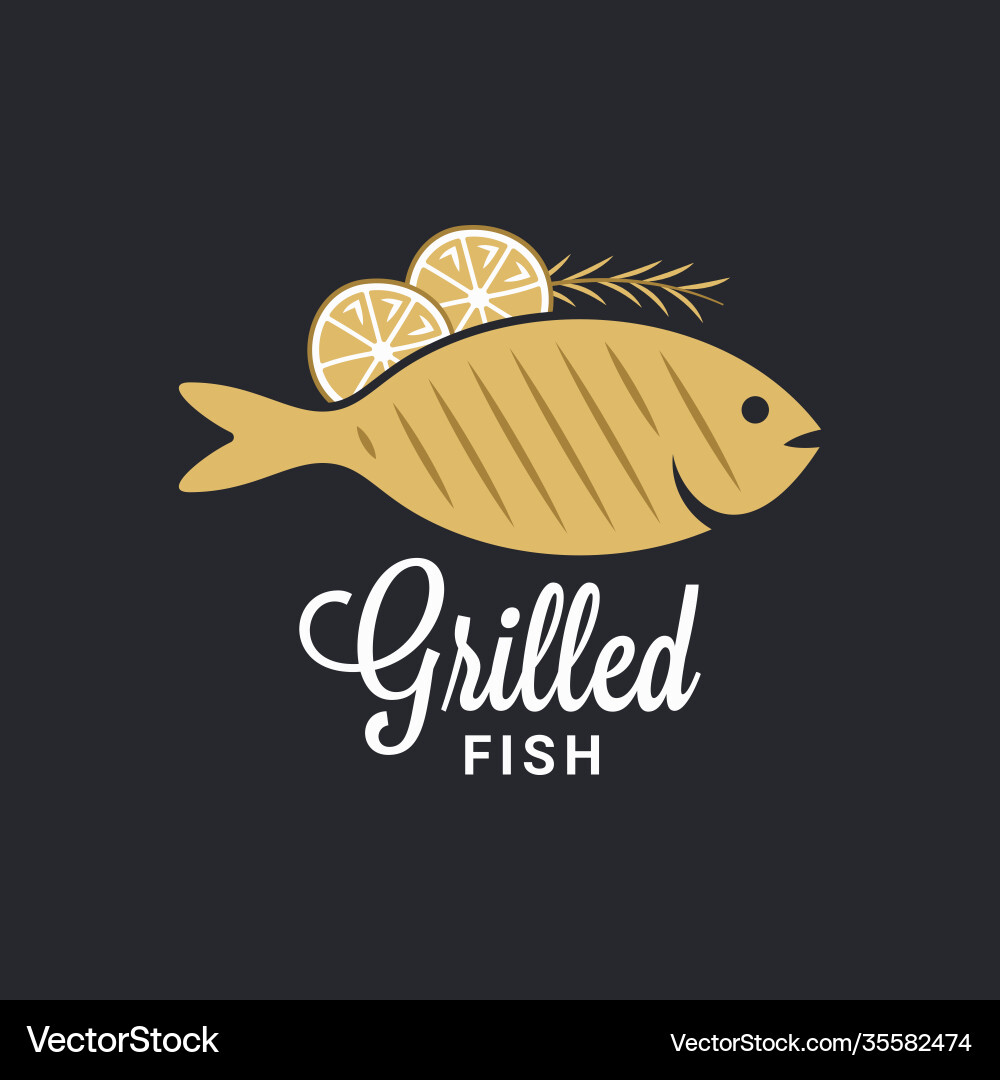Grilled fish logo with lemon and rosemary Vector Image
