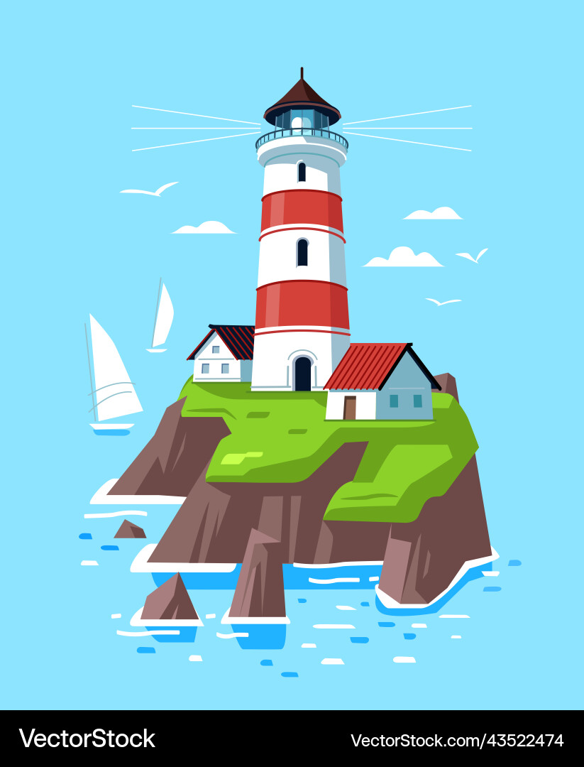 Lighthouse on rock island in sea beacon Royalty Free Vector