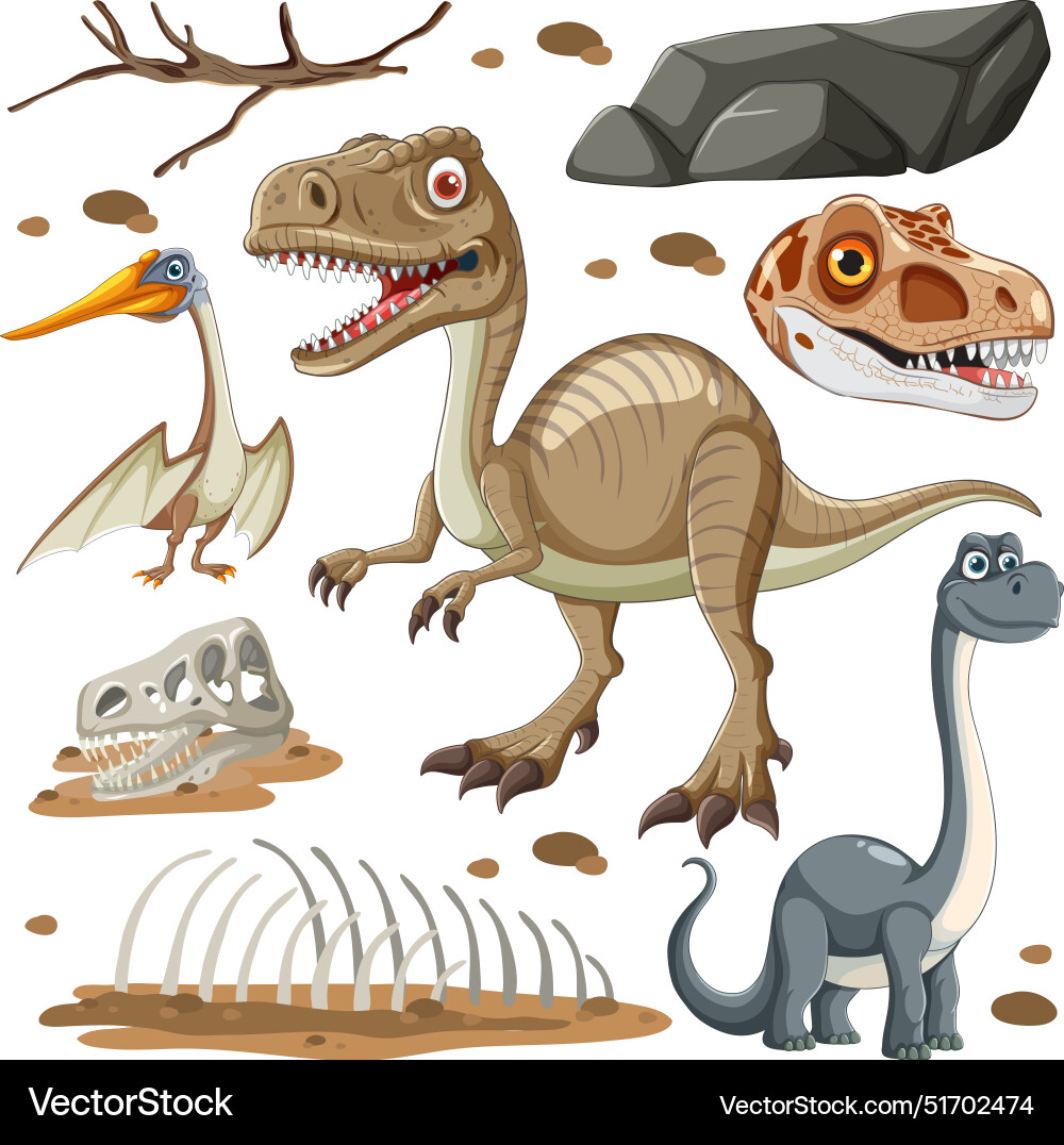 Various dinosaurs and fossils in a prehistoric Vector Image