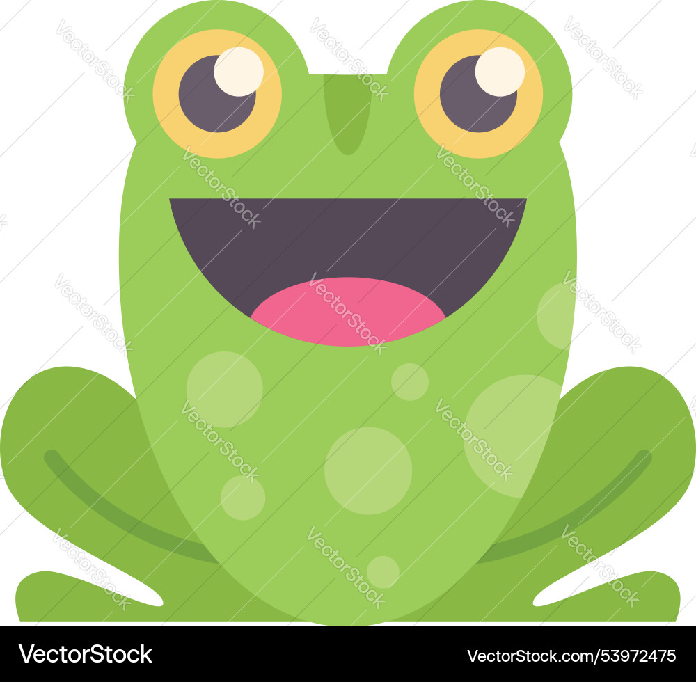Cute green frog smiling showing teeth sitting down