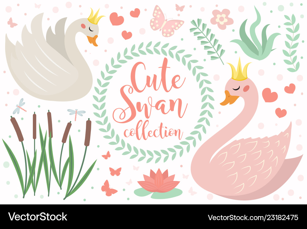 Cute swan princess character set of objects Vector Image