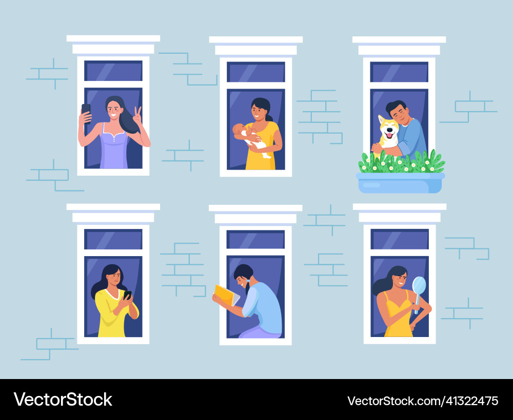 Neighbors Looking Out Windows Royalty Free Vector Image