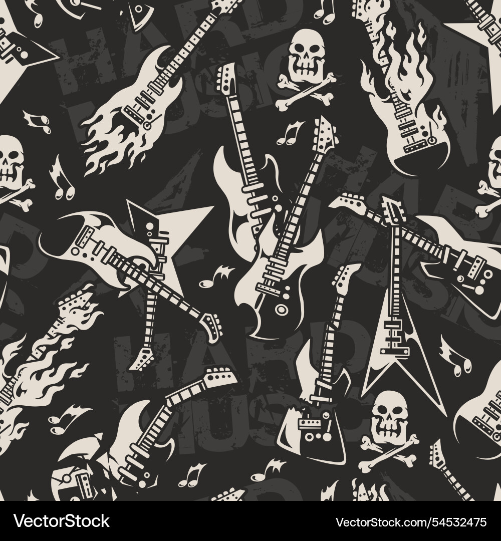 Rock guitar pattern with skulls and flames design Vector Image