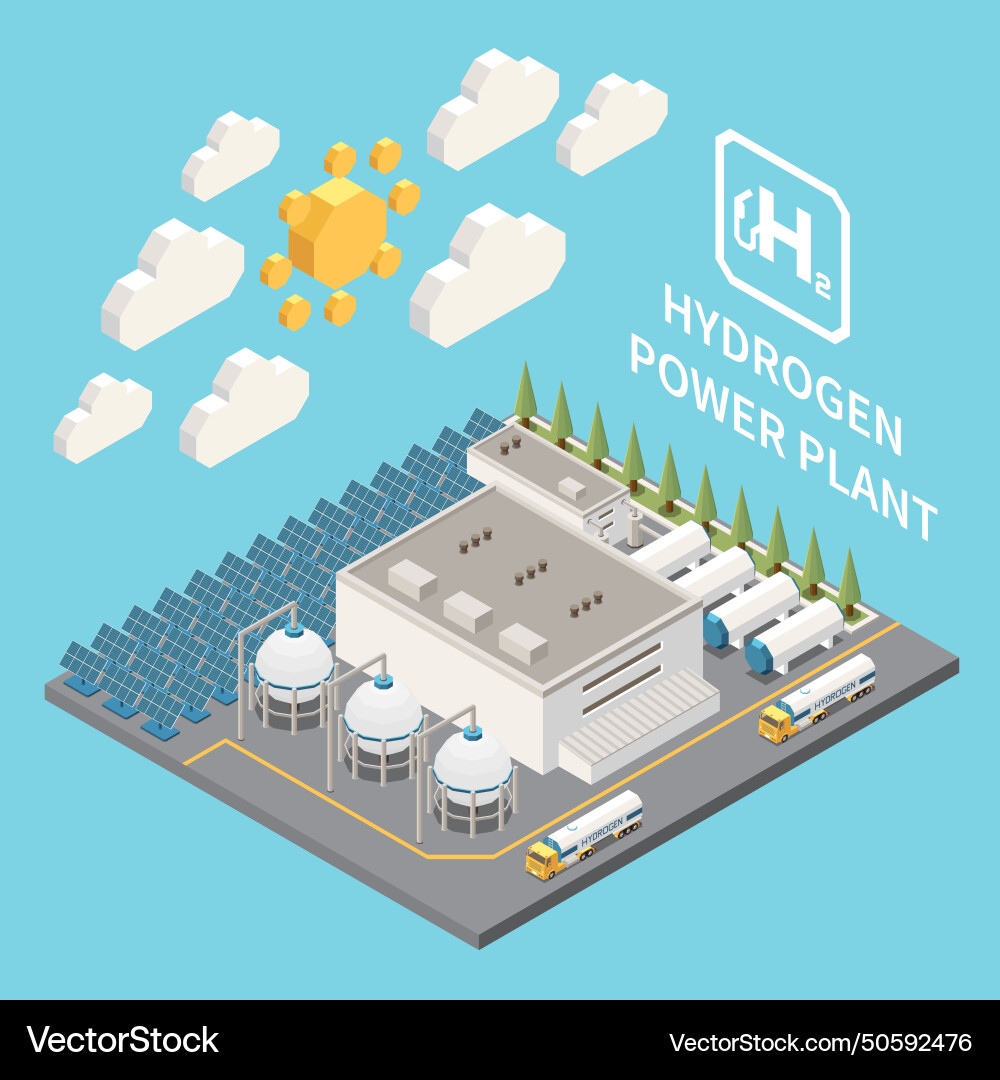 Hydrogen power plant isometric view Royalty Free Vector