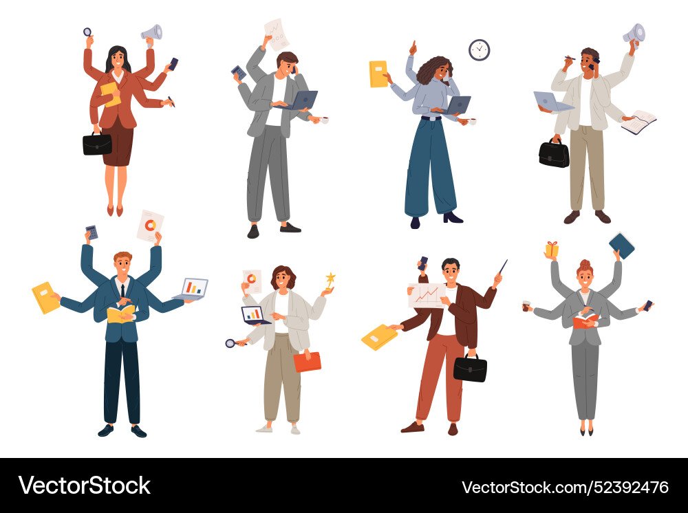 Multitasking characters men and women with lots Vector Image