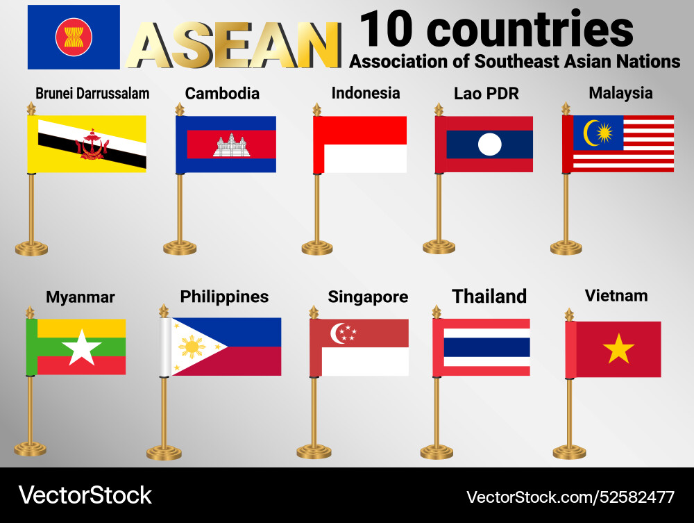 Asean 10 countries flags with desk standing pole Vector Image