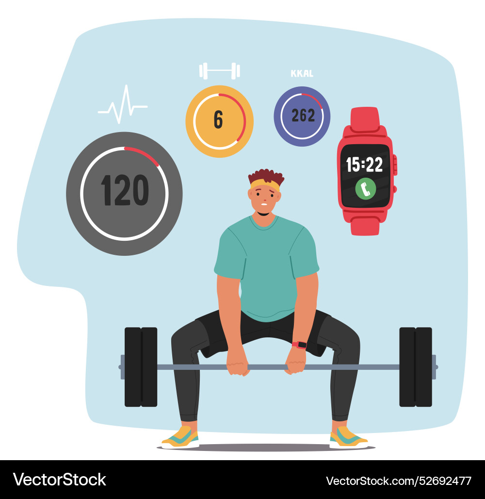 Cartoon man lifting weights while monitoring Vector Image