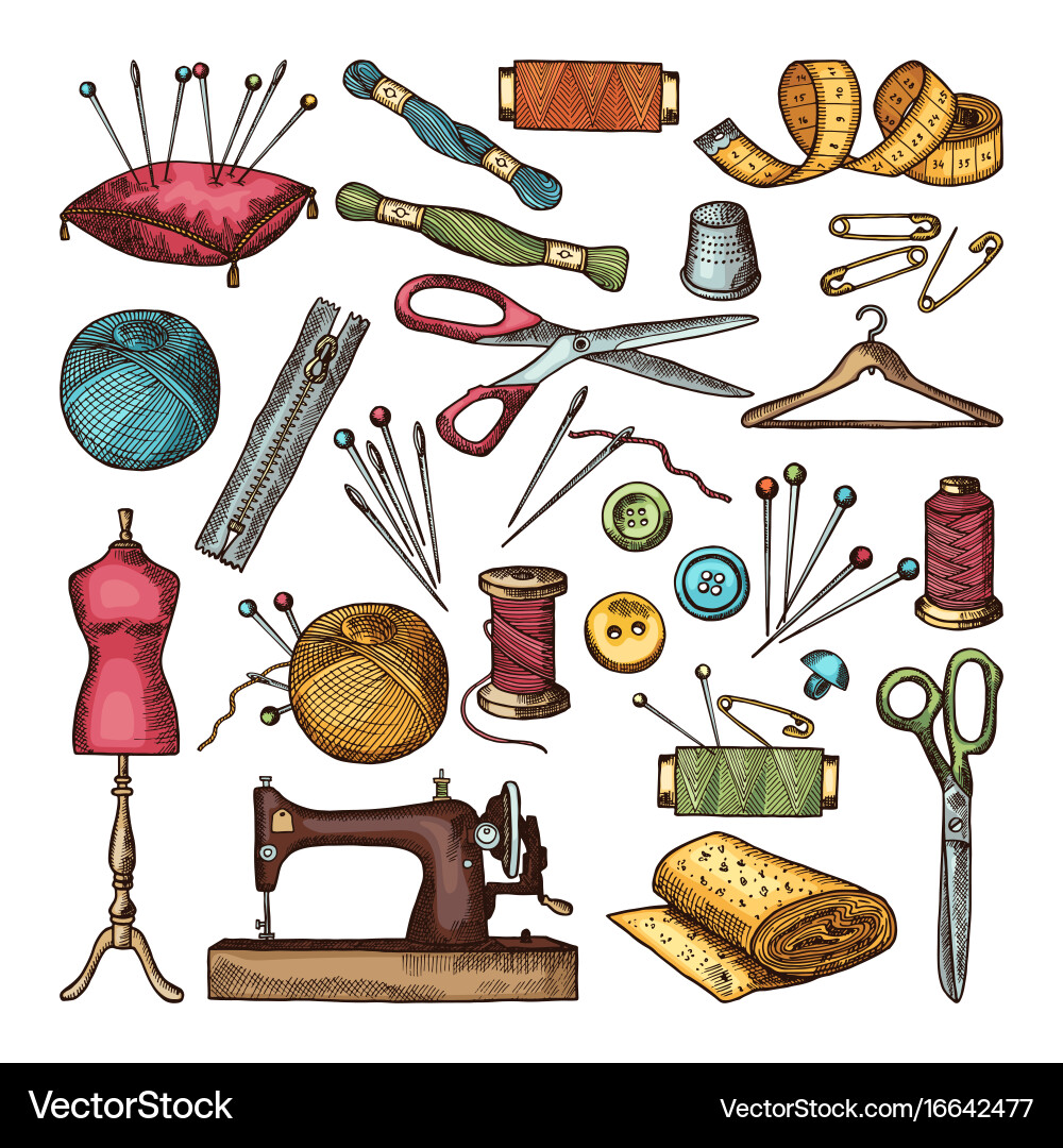Colored pictures of different tools for needlework