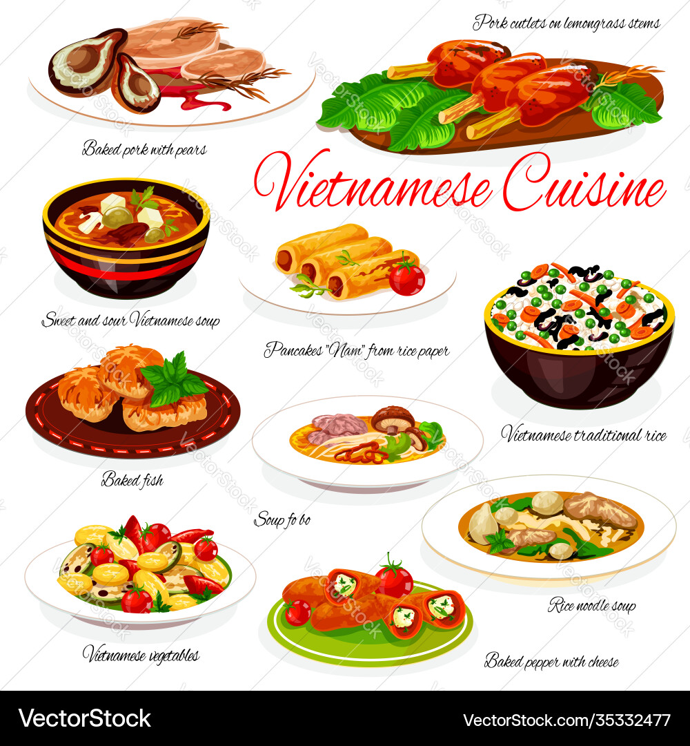 Vietnamese food vegetable meat dishes with rice Vector Image