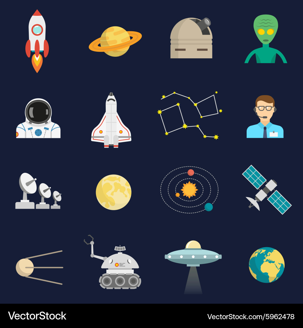 Space cosmos flat icons set Royalty Free Vector Image