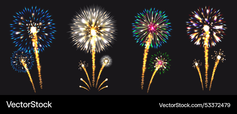 Realistic fireworks set in different sizes shapes Vector Image