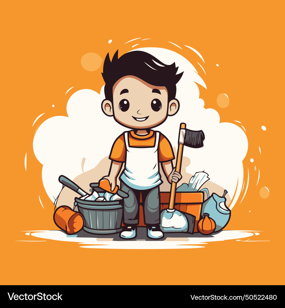 Cute boy cleaning the house concept Royalty Free Vector