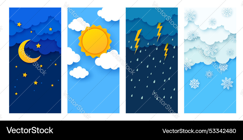 Weather paper cut banners rain clouds sun snow Vector Image