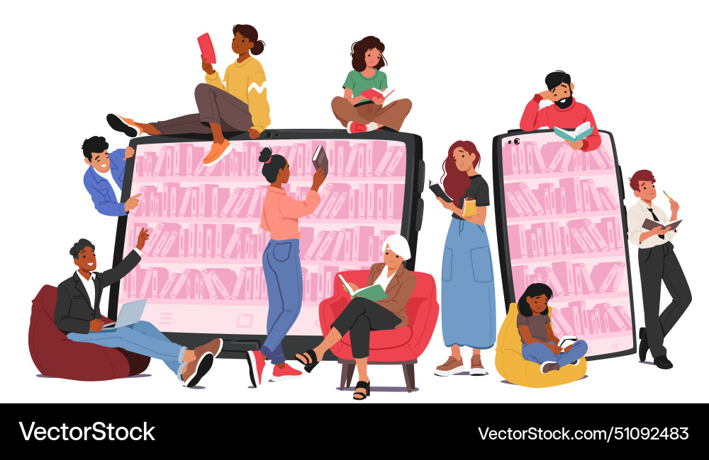 Tiny characters access online library services Vector Image Tiny characters access online library services Vector Image