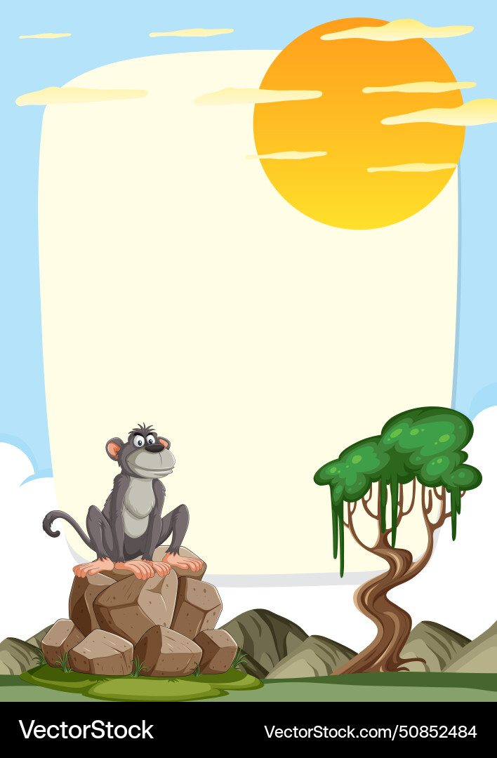 A cheerful monkey sitting on rocks at dusk Vector Image