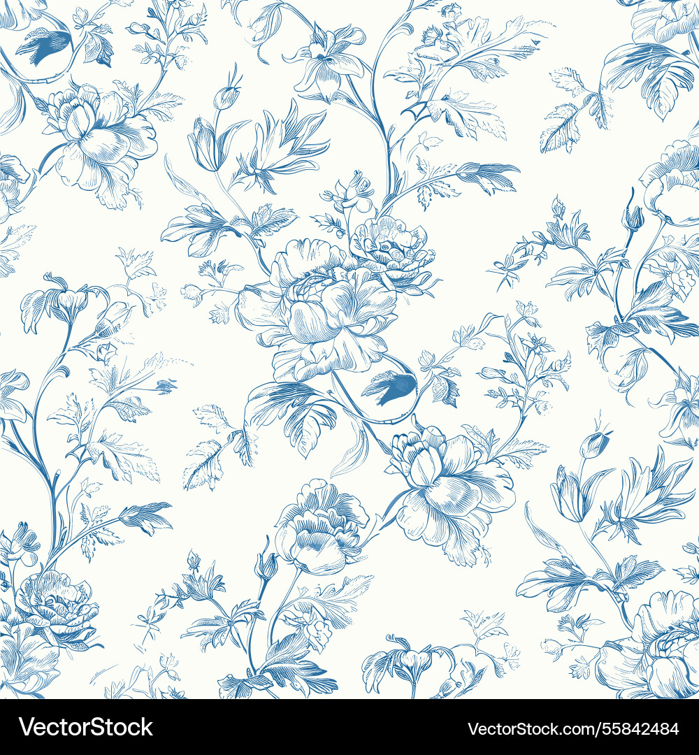 Blue Chinese Floral Toile Print Royalty Free Vector Image