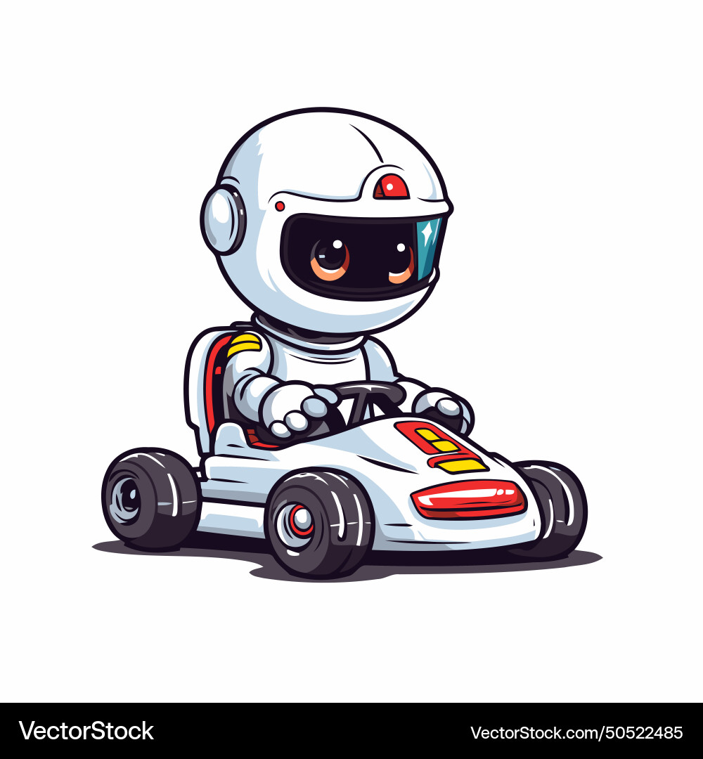 Cute robot driving a race car on white background Vector Image