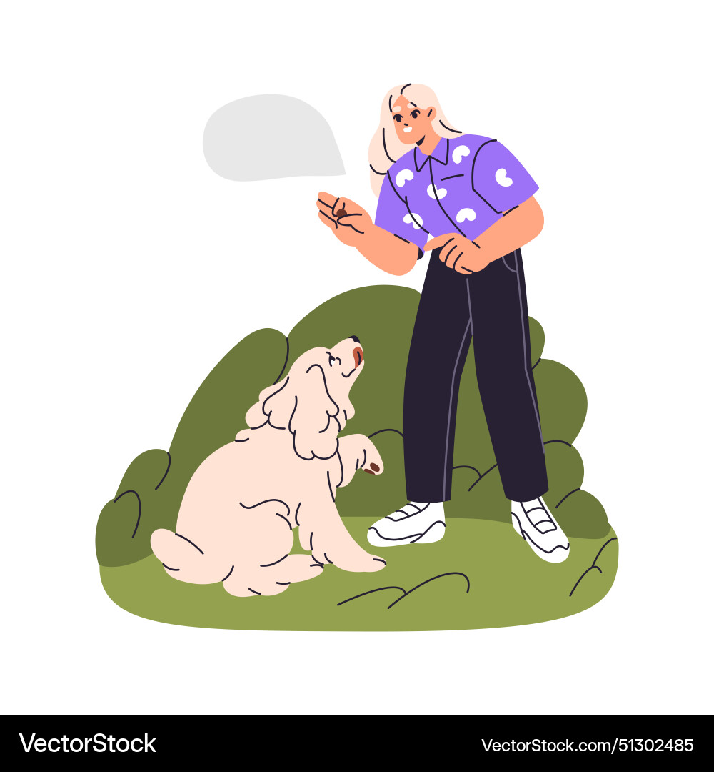 Owner teaching her happy dog a command in park Vector Image