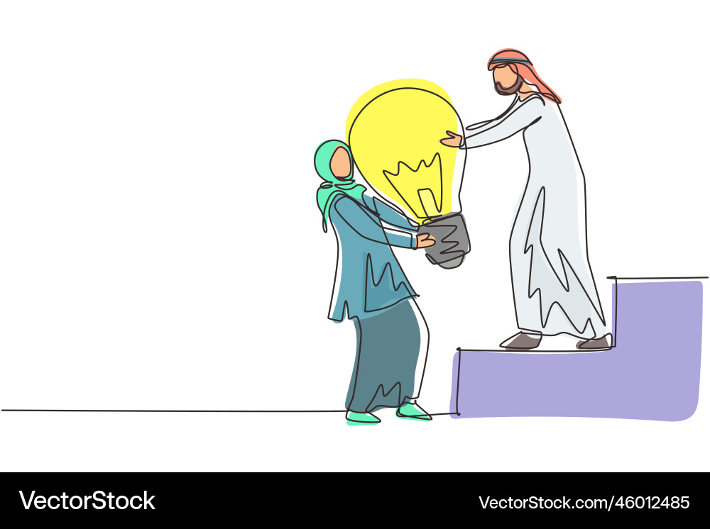 Single one line drawing arabian woman helping man Vector Image